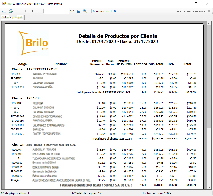 Detalle de Productos por Cliente - Brilo ERP Docs